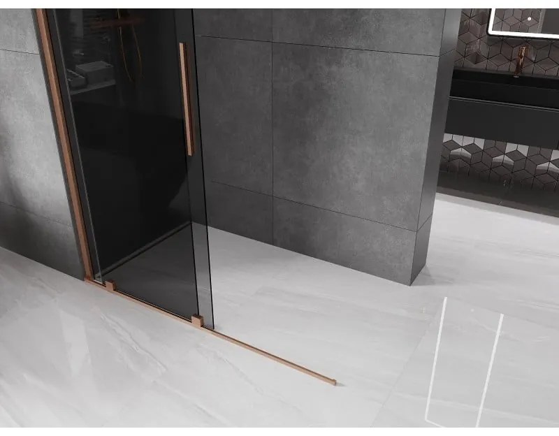 Mexen Velar, sprchová zástěna s posuvnými dveřmi Walk-in 150 x 200 cm, 8mm šedé sklo, měděná matná, 871-150-000-43-65