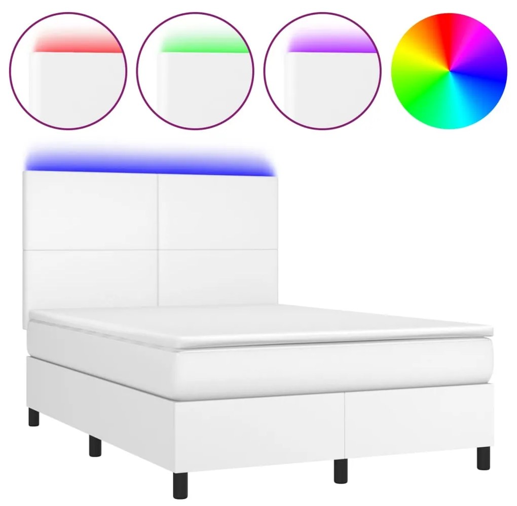 vidaXL Box spring postel s matrací a LED bílá 140x200 cm umělá kůže