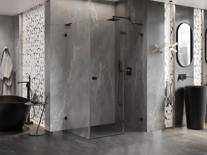 Mexen Lunar L, pravý výklopný sprchový kout 70 x 80 cm, čiré sklo, černý profil, 834L-070-080-70-00-P