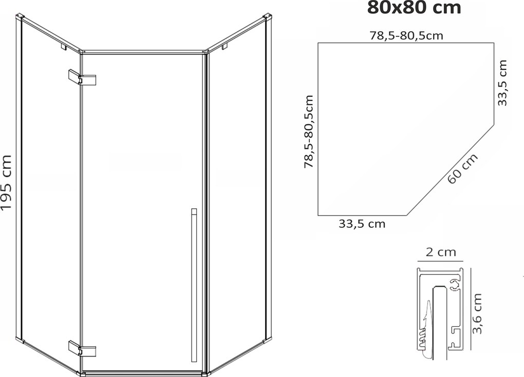Rea Diamond, sprchový kout 80x80x195 cm, 6mm čiré sklo, černý profil + bílá sprchová vanička, KPL-06900