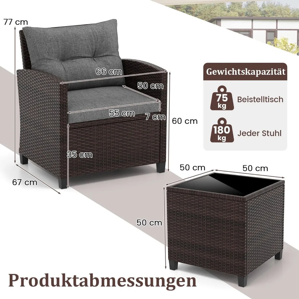 Costway Ratanový set zahradního nábytku, 3dílný balkonový nábytek