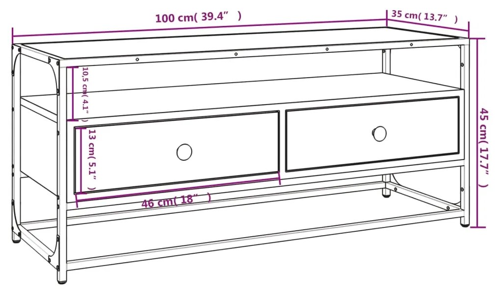 TV skříňka Elida - 100x35x45 cm - kompozitní dřevo + ocel | dub sonoma