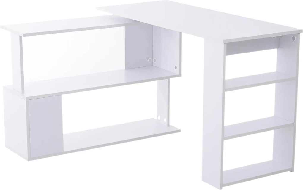 HOMCOM Rotující rohový stůl ve tvaru L se policemi pro kancelář nebo studijní prostor 120x110x74,5 cm Bílá