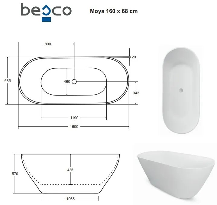 BESCO Volně stojící vana MOYA černá lesklá / bílá Barva - Černá lesklá / bílá, Barva sifonu - Chrom, Rozměr vany - 160 × 68 cm VANMOYA160CBWL