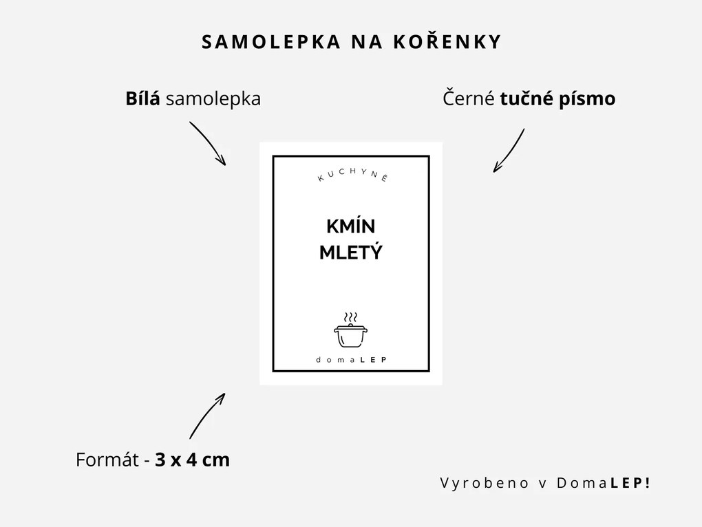 KMÍN MLETÝ - Samolepka na kořenky 3 x 4 cm - DomaLEP varianta: PRŮHLEDNÁ - základní písmo