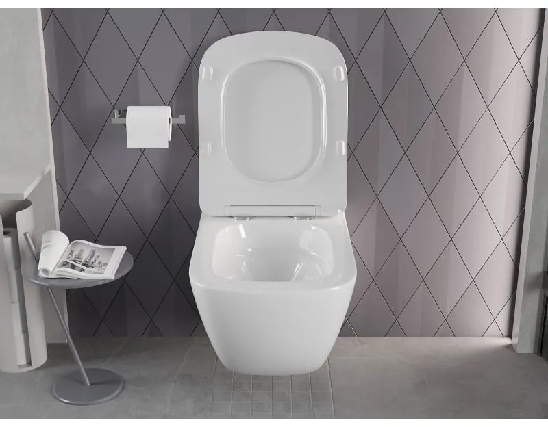 Mexen Timo, závěsná WC mísa 555x370x335 mm, Rimless Tornádo + WC sedátko z duroplastu, bílá lesklá, 30650200T