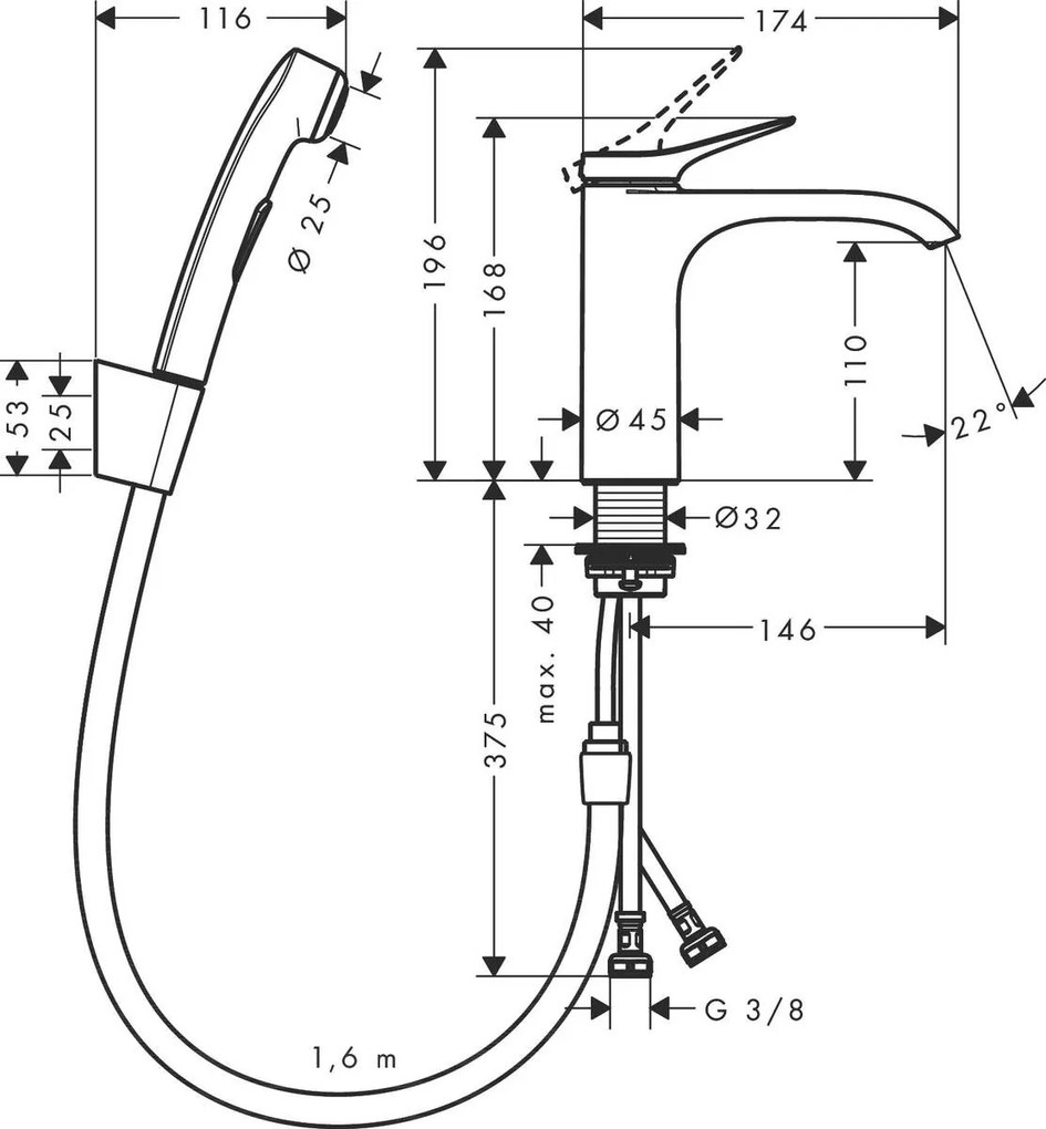 Hansgrohe Vivenis - Páková umyvadlová baterie s ruční sprchou Bidette a sprchovou hadicí 160 cm, chromová, HAN-75210000