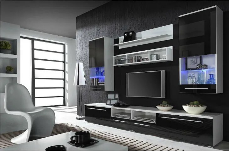Luxusní obývací stěna LUNA A Bílá / Černý lesk Barevné osvětlení LED: bez osvětlení +0Kč