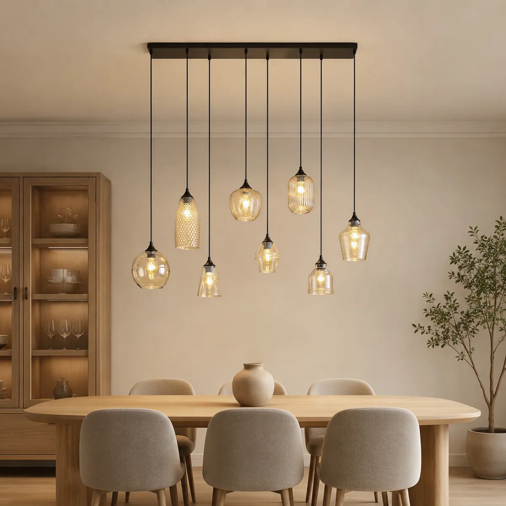 Závěsné svítidlo Art Deco černé s jantarovým sklem 8-světelné - Hanne