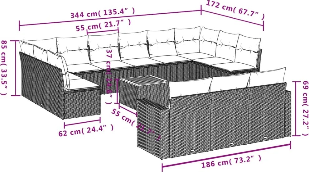 14dílná zahradní sedací souprava s poduškami šedá polyratan 3224366