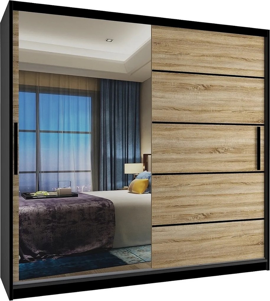 Šatní skříň 200cm Belini černý mat / dub sonoma s posuvnými dveřmi a zrcadlem  MZ SZP1/2/B/DS/0/BL