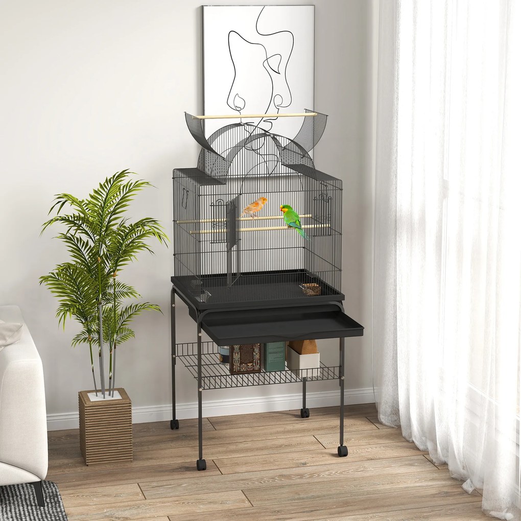 PawHut klec pro ptáky velká klec pro andulky s podnosem, policí, krmítkem, ptačí budka na kolečkách pro kanáry, ocel 63 x 53 x 144 cm černá