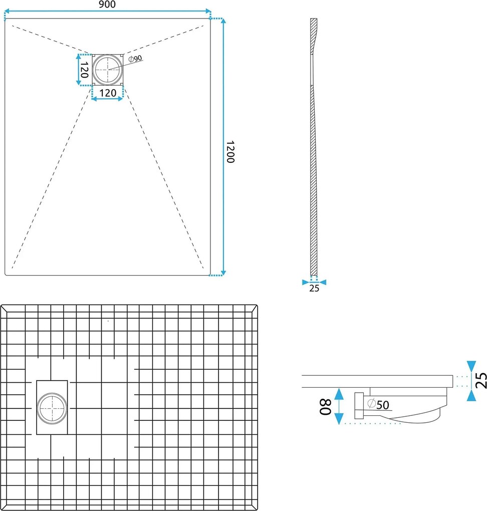 Rea Magnum Carrara, SMC sprchová vanička 90x120, černá-kamenný vzor, ​​REA-K7009