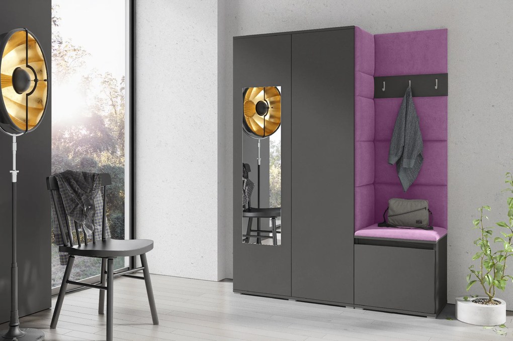 Eka Předsíňová stěna s čalouněnými panely Trinity 11 - Grafit / Fialová 2311