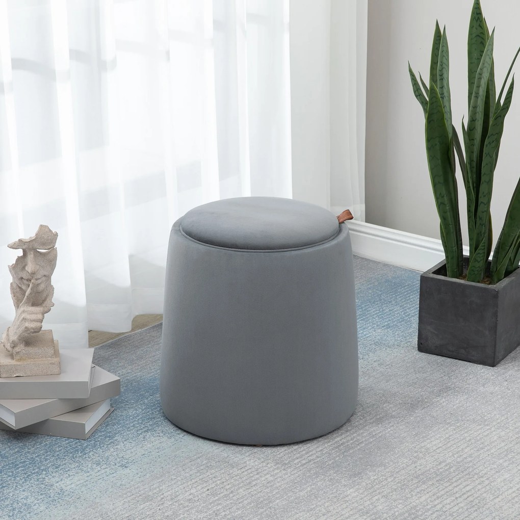 HOMCOM otoman 2 v 1 kulatý otoman v šedém sametovém vzhledu s úložným prostorem a odnímatelným víkem Ø44cm x 47,5cm univerzální jako odkládací stolek