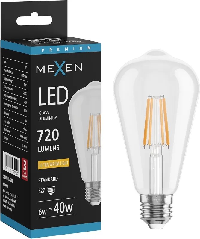 Mexen Vintis, LED filamentová žárovka E27, ST64, 6 W, teplá bílá 2200K, čirá, L152-E27-0622-00