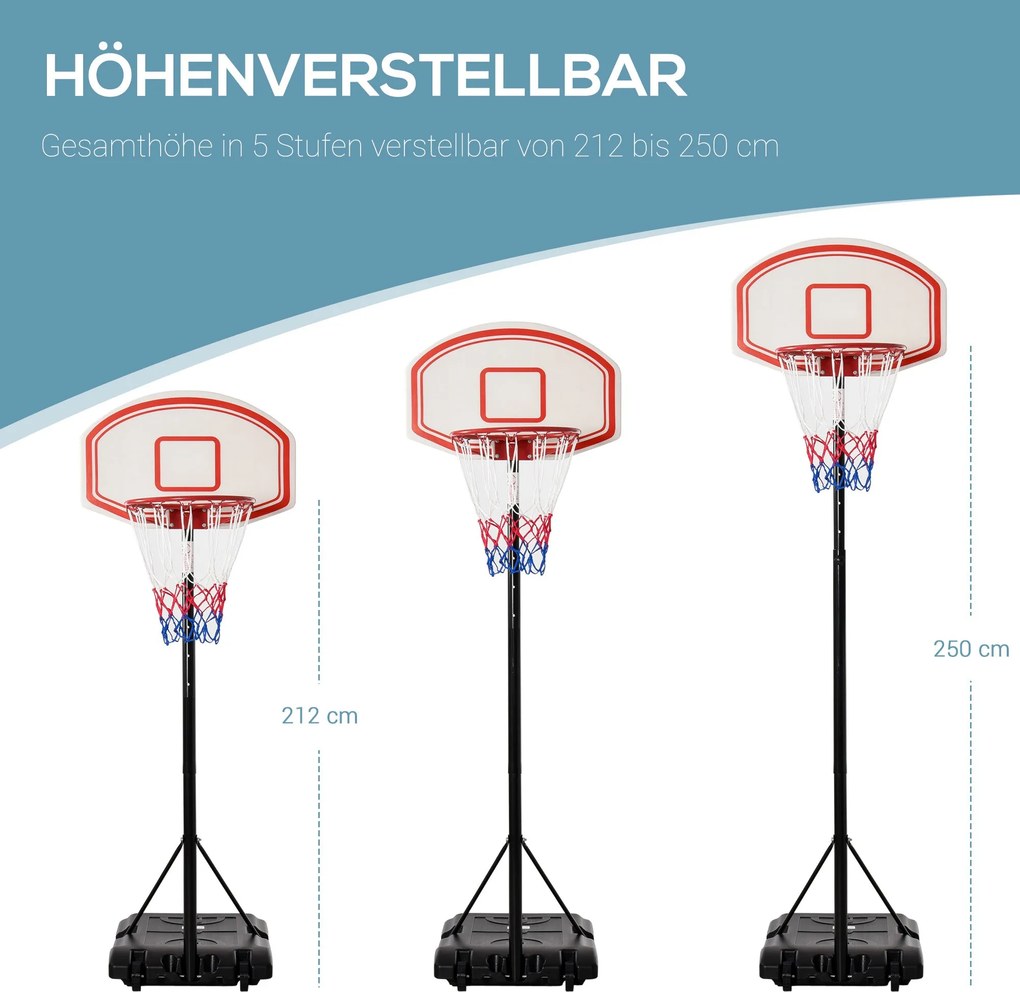 HOMCOM Venkovní basketbalový koš, nastavitelná výška 175-215 cm s kolečky, vnitřní basketbalový koš s podstavcem 71 x 45 cm, dárek pro teenagery