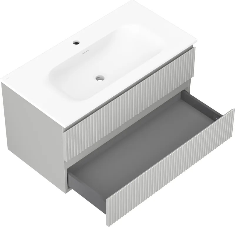 Mexen Rivel, koupelnová skříňka 90 cm s umyvadlem Vela, 2 zásuvky, drážkovaná, šedá matná/bílá, 91A20-09047-2-BFF62-W23M01