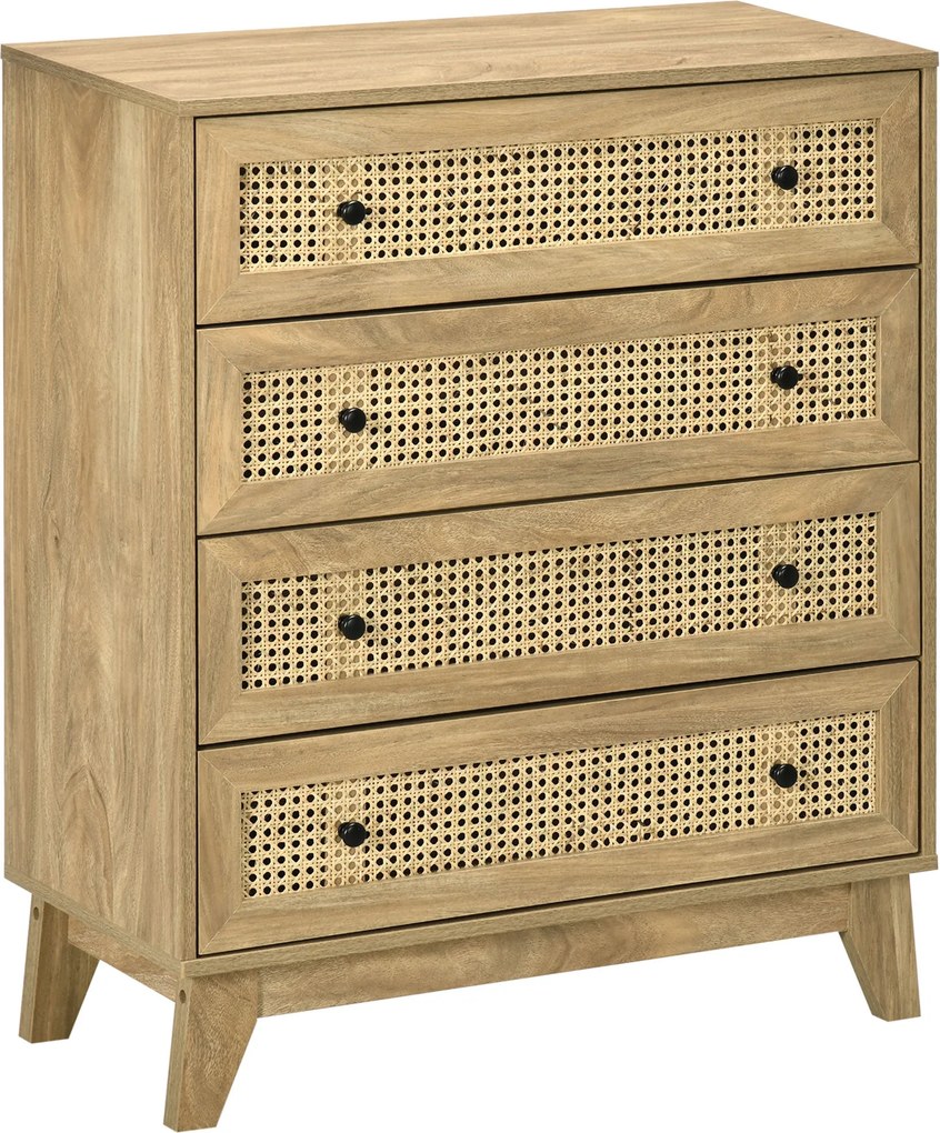 HOMCOM Komoda se 4 šuplíky s ratanovým ratanem 80 x 35 x 95 cm Světlé dřevěné provedení | Aosom