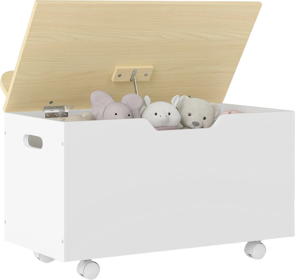 AIYAPLAY dětský box na hračky s kolečky, sklápěcí víko s bezpečnostním pantem, design mraků, bílá a přírodní