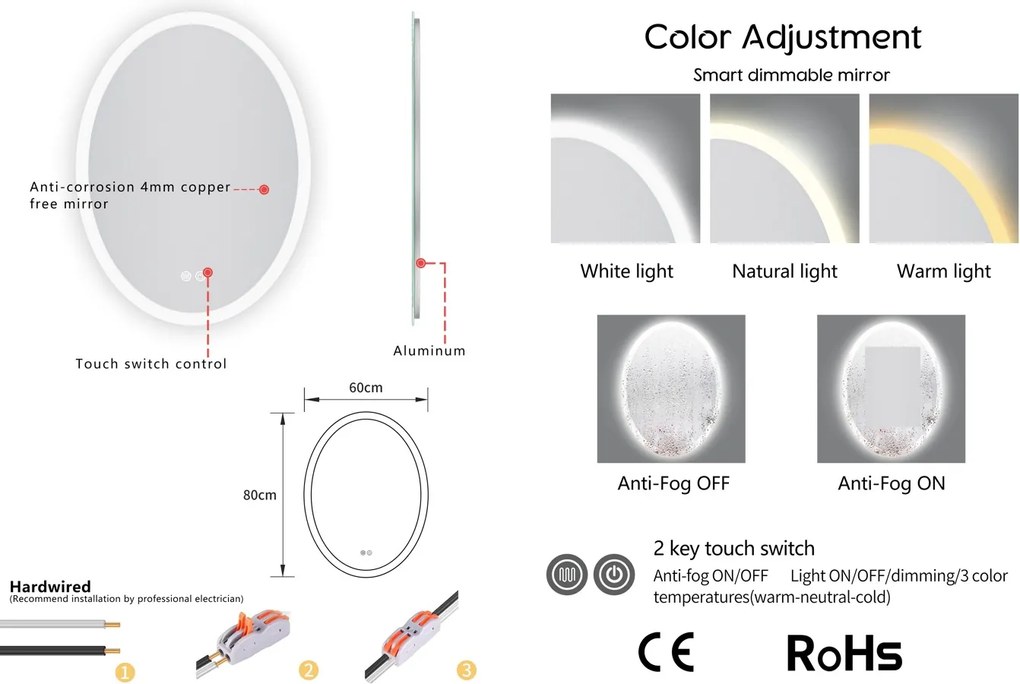 Erga Paola, oválné LED zrcadlo 60x80cm, 2070 lm, 3 barvy světla, přední a zadní osvětlení, ERG-V01-302-6080-00