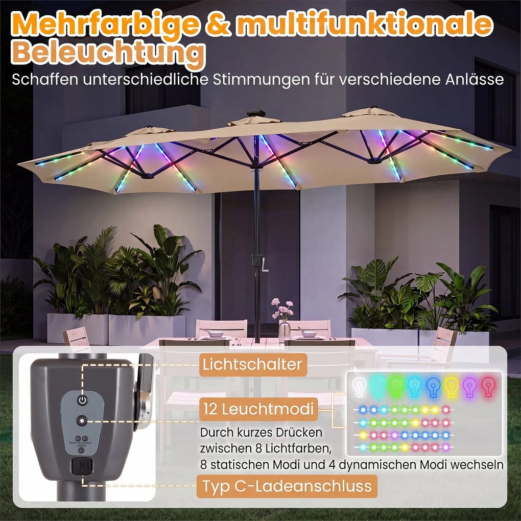 Costway Dvojitý slunečník s klikou a stojanem s 108 LED světly béžové