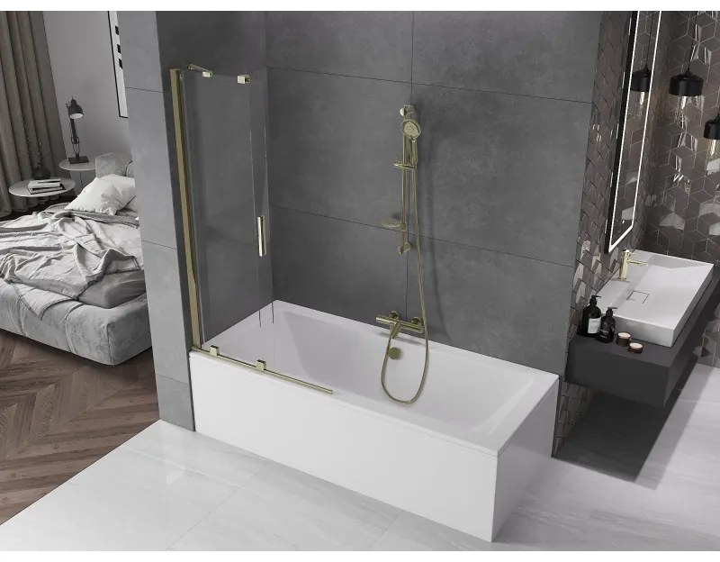 Mexen Velar, 2-křídlová posuvná vanová zástěna 90 x 150 cm, 8mm čiré sklo, zlatý lesklý profil, 896-090-000-01-50