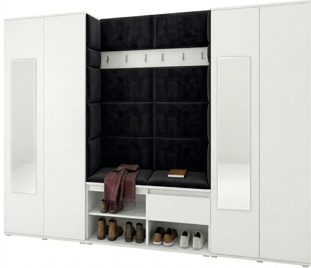 Předsíňová stěna Trinity 10 s čalouněnými panely, 280 cm, bílá / černá