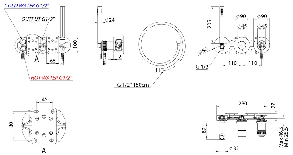 Sapho Sapho, VERSI podomítková sprchová/vanová baterie, ruční sprcha, 2 výstupy, bronz, RV052/18
