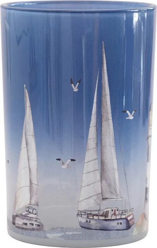 Modrý skleněný svícen s plachetnicí L - Ø 12*18 cm