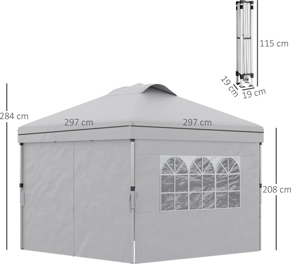 Outsunny Skládací Zahradní Gazebo Pop-up Recepční Stan 3x3 s Nastavitelnou Výškou, Bočními Stěnami, Ventilací, Okny a Taškou na Kolech z Oxfordské Tka