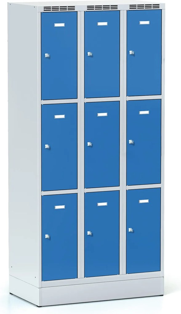 Šatní skříňka S6 s úložnými boxy na soklu, 9 boxů, 1920 x 900 x 500 mm, otočný zámek, modré dveře