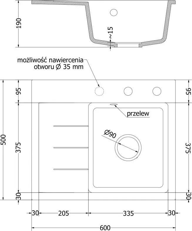 Mexen Ben, 1-komorový granitový dřez 600x500x190 mm, pravý + černý sifon, černá, 6523605000-77-B