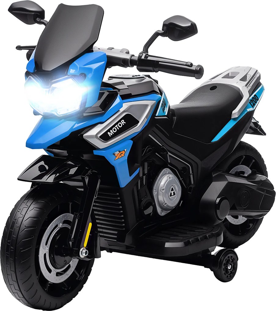 AIYAPLAY elektrická dětská motorka s pomocnými kolečky, zpětnými zrcátky a opěrkami nohou, z PP a kovu, 85,5x44,5x56 cm, modrá