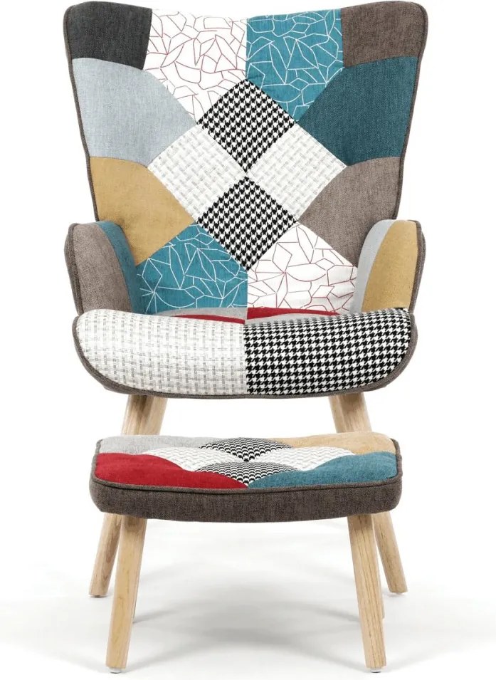 Křeslo ušák AK-305B PW2, vícebarevná, látka (68 x 75) cm patchwork