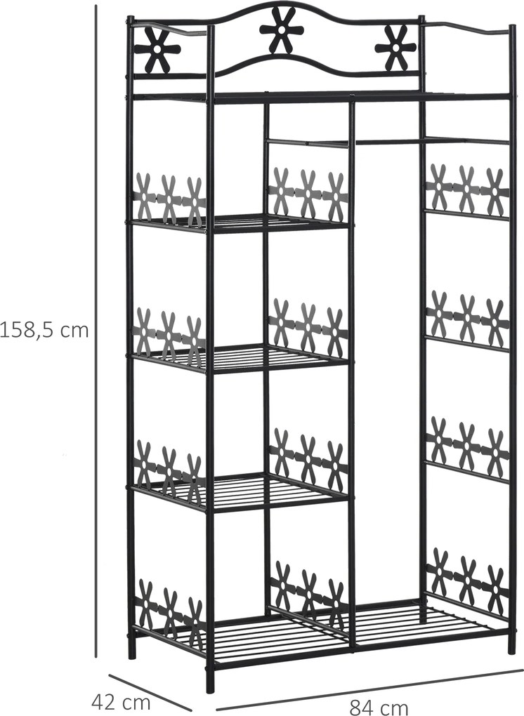 HOMCOM Šatní skříň pro dospělé s 5 policemi, oblečení a šatní tyčí, 84L x 42W x 159H cm, kovová černá s 2 bílými závěsy