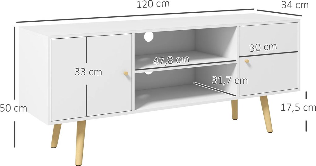 HOMCOM TV Stánek do Obývacího Pokoje s 2 Dveřmi a 2 Úložnými Policemi pro Televize do 55 Palců, 120x34x50 cm, Bílý