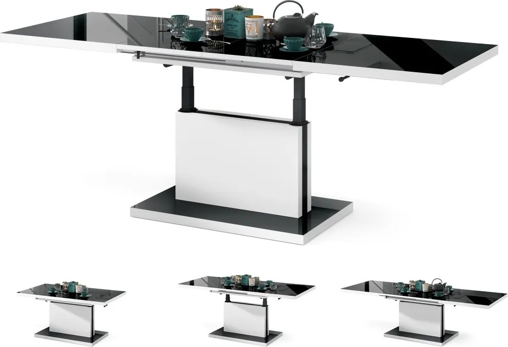 ASTON černý lesk/bílý, rozkládací, zvedací konferenční stůl, stolek, černobílý