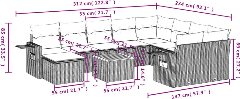 11dílná zahradní sedací souprava s poduškami šedá polyratan 3257187