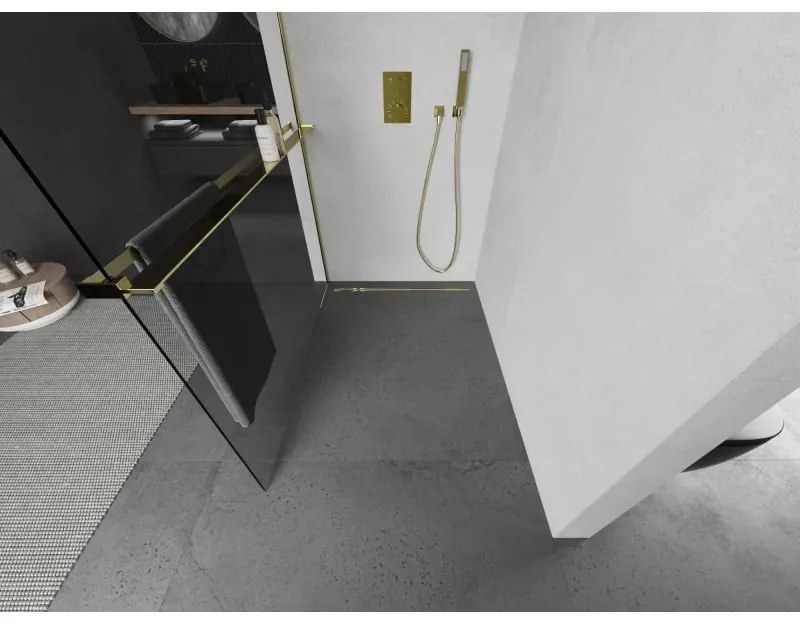 Mexen Kioto+ L, sprchová zástěna Walk-In s poličkou a věšákem 95 x 200 cm, 8mm čiré sklo, zlatý lesklý profil, 800-095-123-50-00