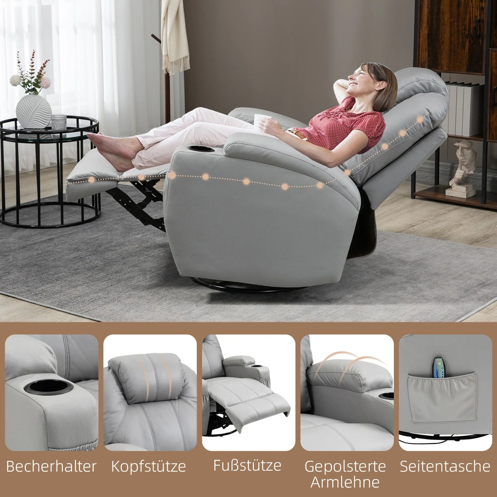 Masážní křeslo HOMCOM Relaxační křeslo s 8 vibračními body, 5 režimů, funkce polohování, nosnost 150 kg, imitace kůže, světle šedá | Aosom.de
