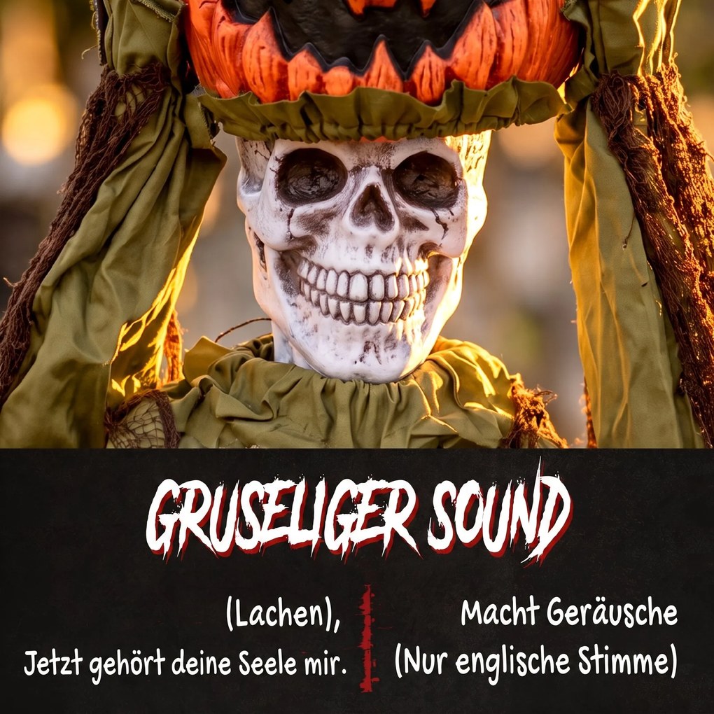 HOMCOM Animovaný vyskočivý dýňový kostlivec, 173 cm, strašidelná halloween dekorace se světlem a aktivací zvukem a dotekem