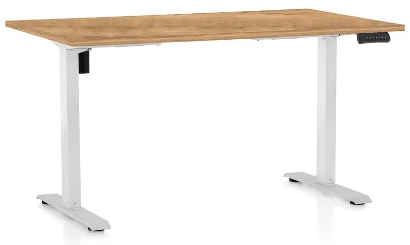 Výškově nastavitelný stůl OfficeTech B, 140 x 80 cm, bílá podnož, dub zlatý