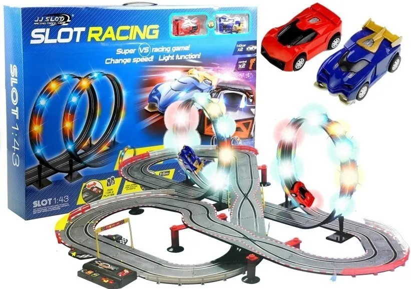 LEAN Toys Závodní dráha 2, autíčka Slot Cars v měřítku 1:43, smyčka s lampami
