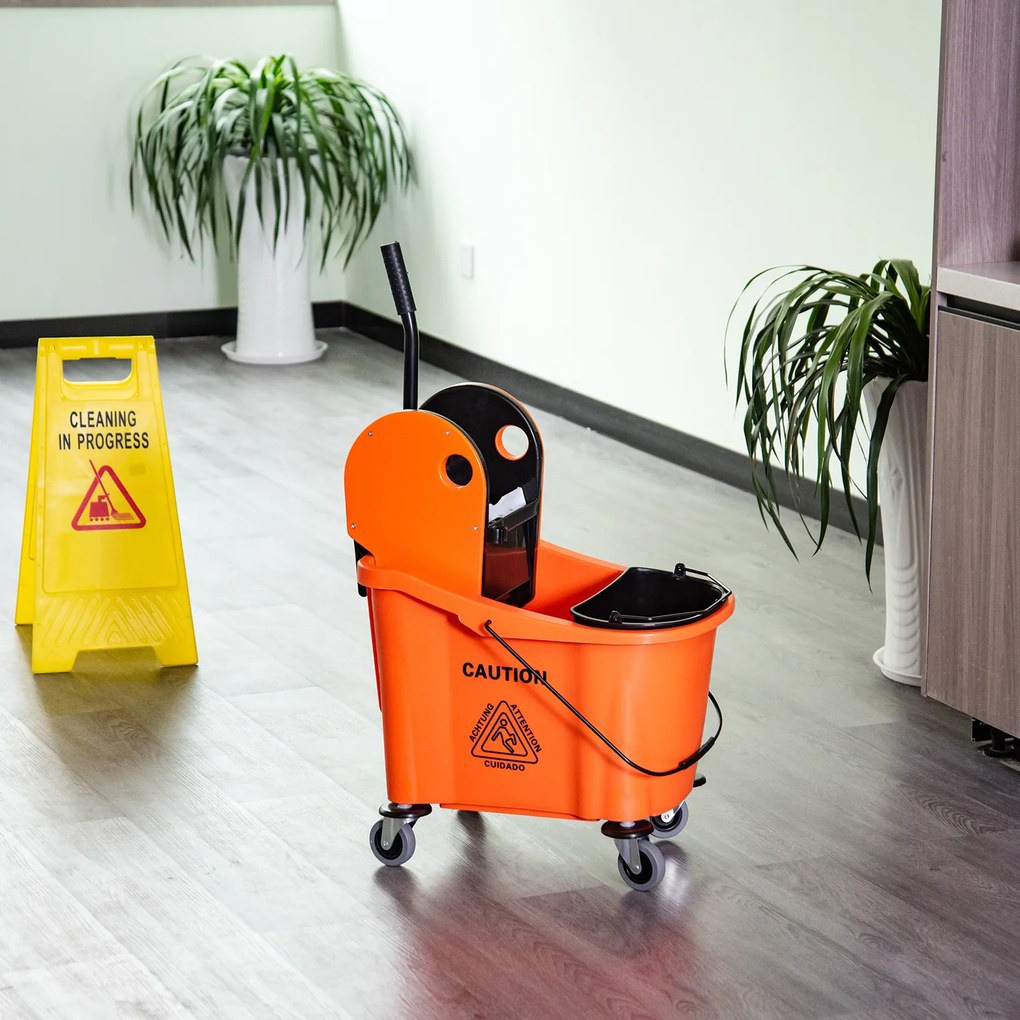 HOMCOM Úklidový vozík s košem na kolečkách a ždímačkou 36 l černý/oranžový 54x41x91,5 cm pro profesionální úklid