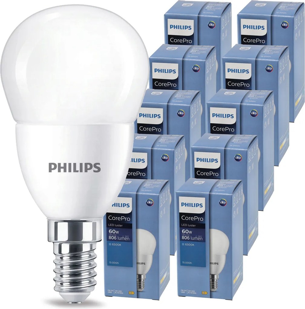 10x LED žárovka PHILIPS E14 7W – studená barva 6500K 230V CorePro