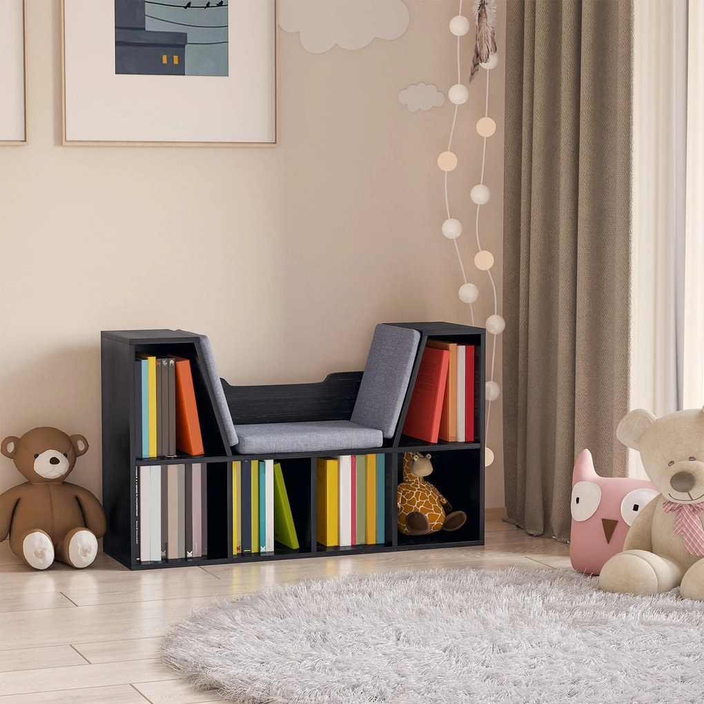 HOMCOM Dvoudílná knihovna s moderním designem a lavičkou, 6 přihrádek a 3 polštáře, 102D x 30Š x 61V cm, Černá Šedá