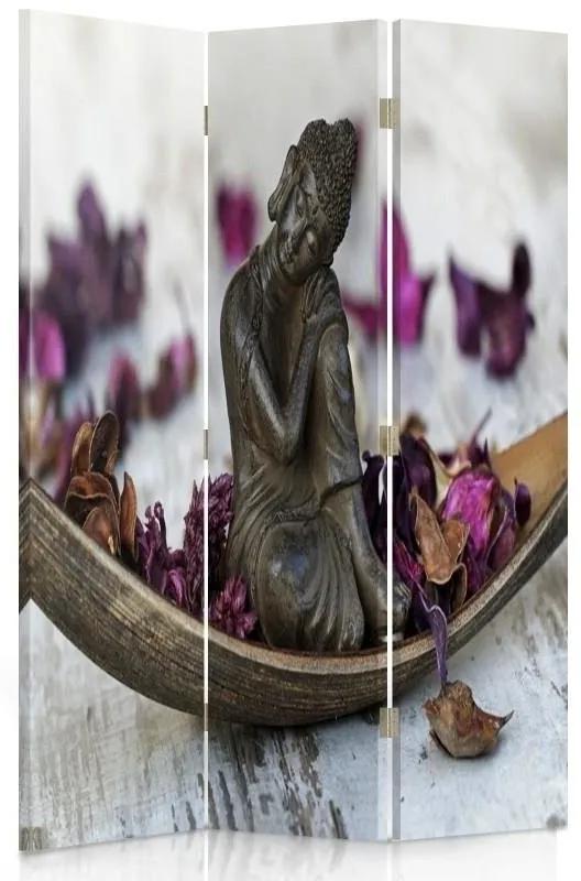 Ozdobný paraván, Buddha ve fialových okvětních lístcích - 110x170 cm, třídílný, klasický paraván