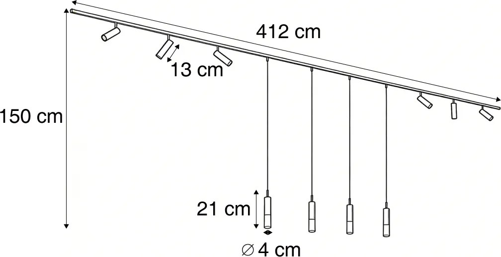 Moderní kolejnicový systém černý s 6 bodovými světly a 4 závěsnými světly 1-fázový - Slimline Uzzy Loyce