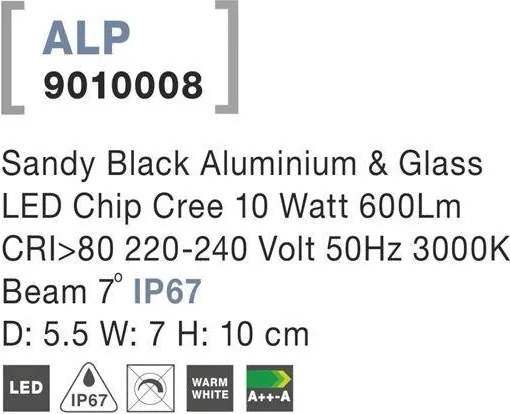 NV 9010008 Venkovní nástěnné svítidlo ALP černý hliník a sklo LED Chip Cree 2x10W 220-240V 3000K 7st. IP65 - NOVA LUCE